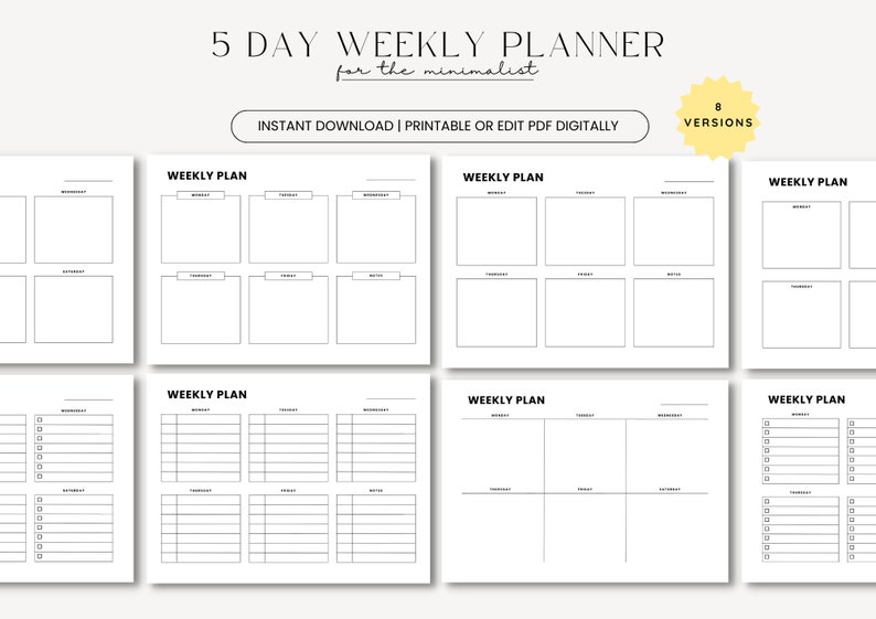 5 Day Weekly Planner Printable, Minimalist Weekly Schedule, Weekly ...