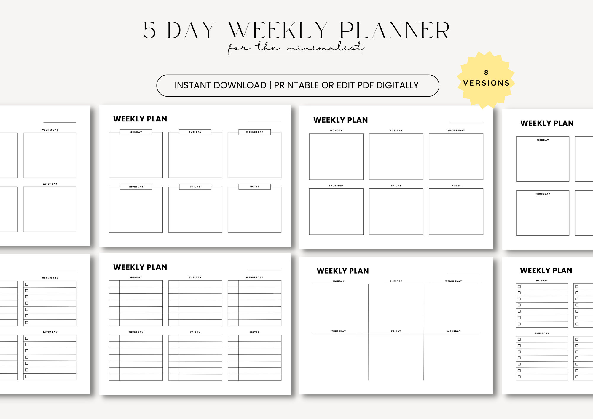 5 Day Weekly Planner Printable, Minimalist Weekly Schedule, Weekly ...