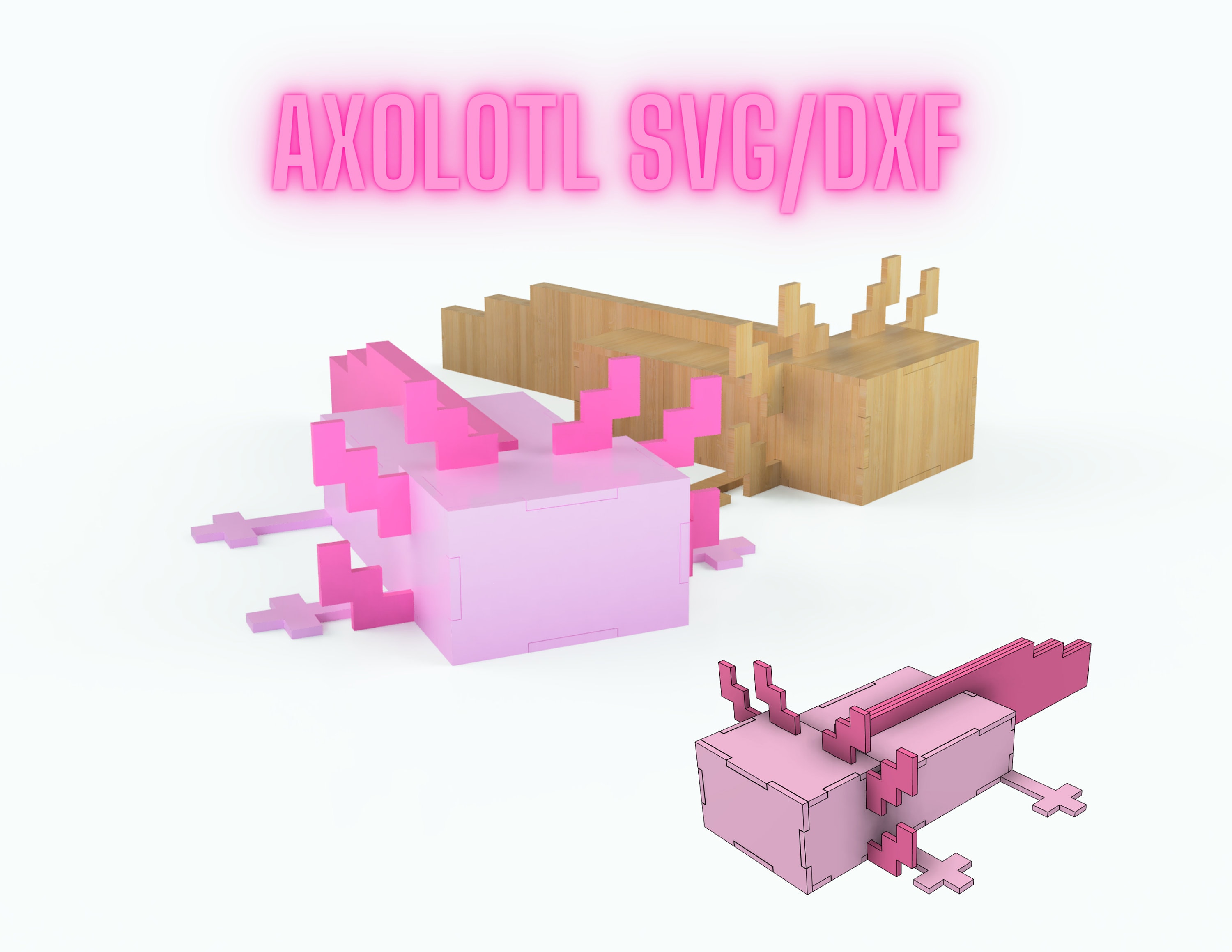 Minecraft Axolotl 3D Model, Laser Cut Files (DXF, SVG), 3mm / 1/8th ...