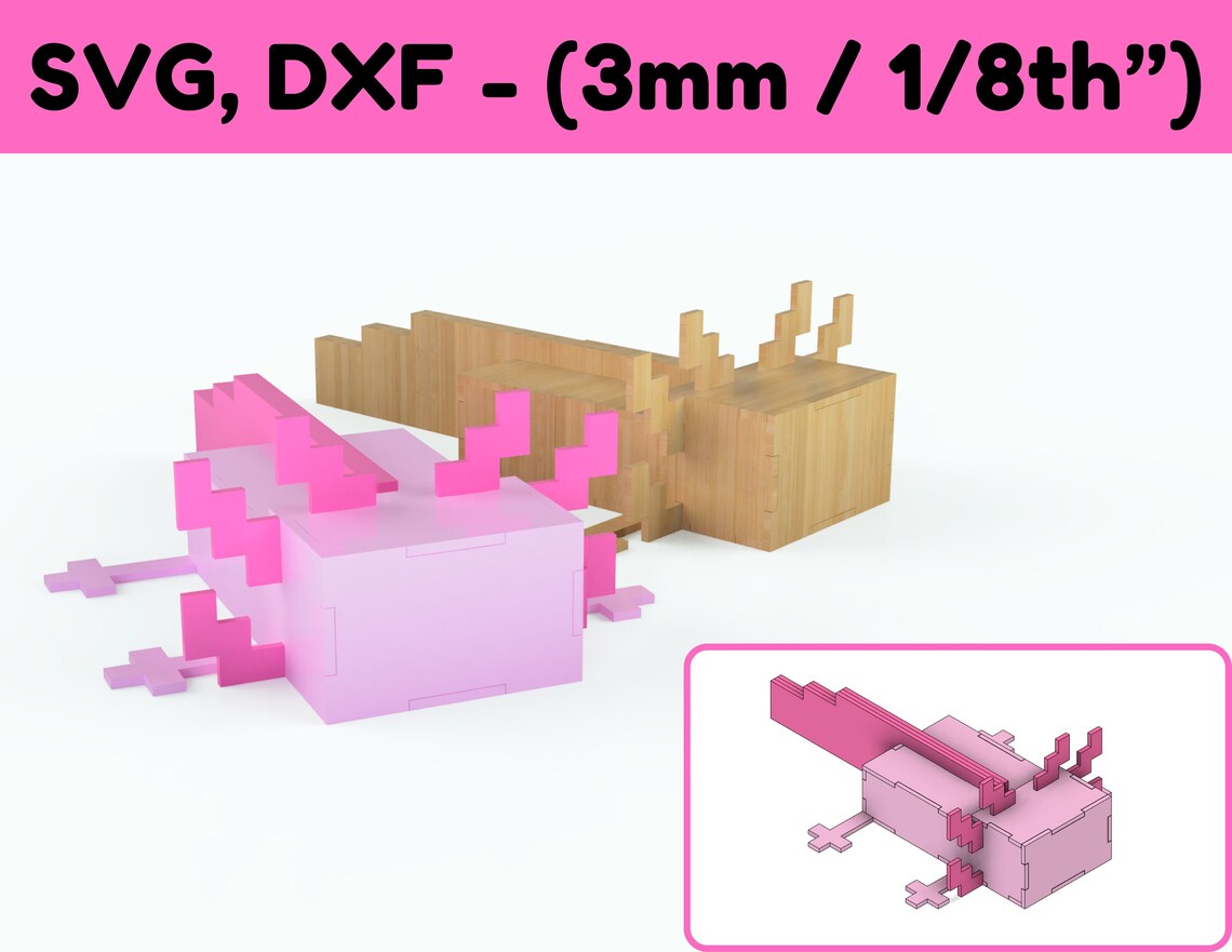 Minecraft Axolotl 3D Model, Laser Cut Files (DXF, SVG), 3mm / 1/8th ...