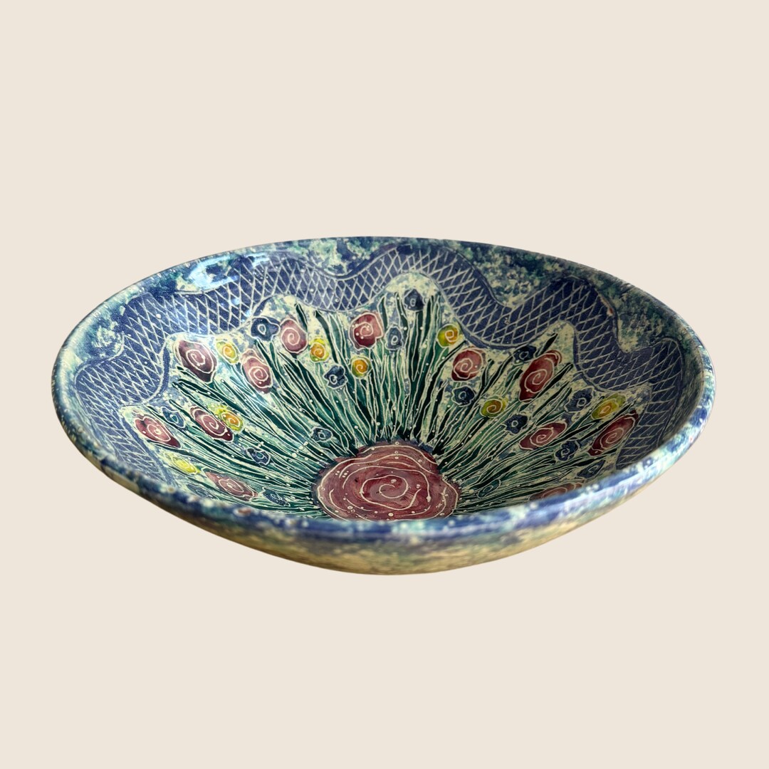 Signed Studio Pottery Engraved Floral Serving Bowl - Etsy