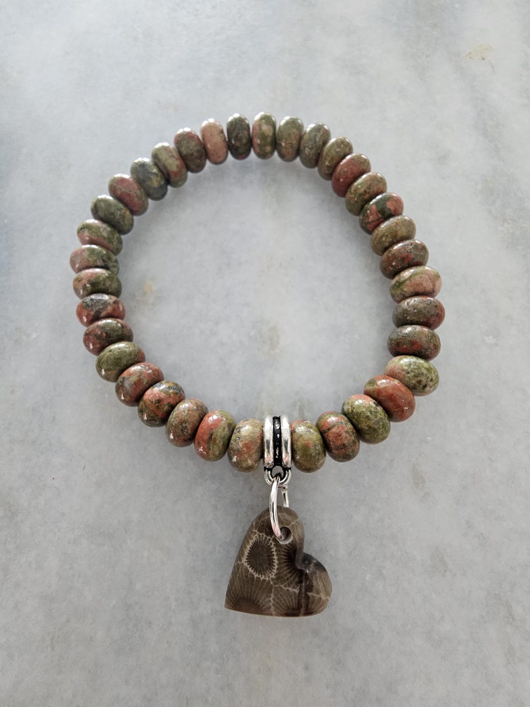 Unakite Bracelet With Petosky Stone Heart - Etsy