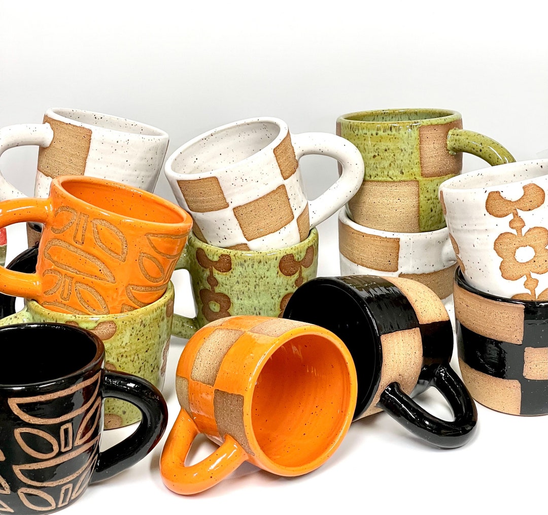 Ceramic Orange Checker Mug - Etsy