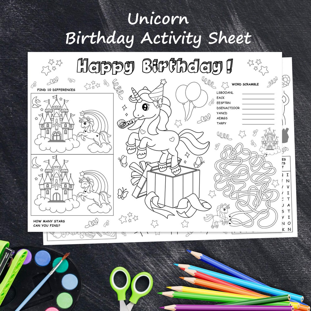 Unicorn Birthday Activity Sheet, Printable Placemat, Activity for Kids ...