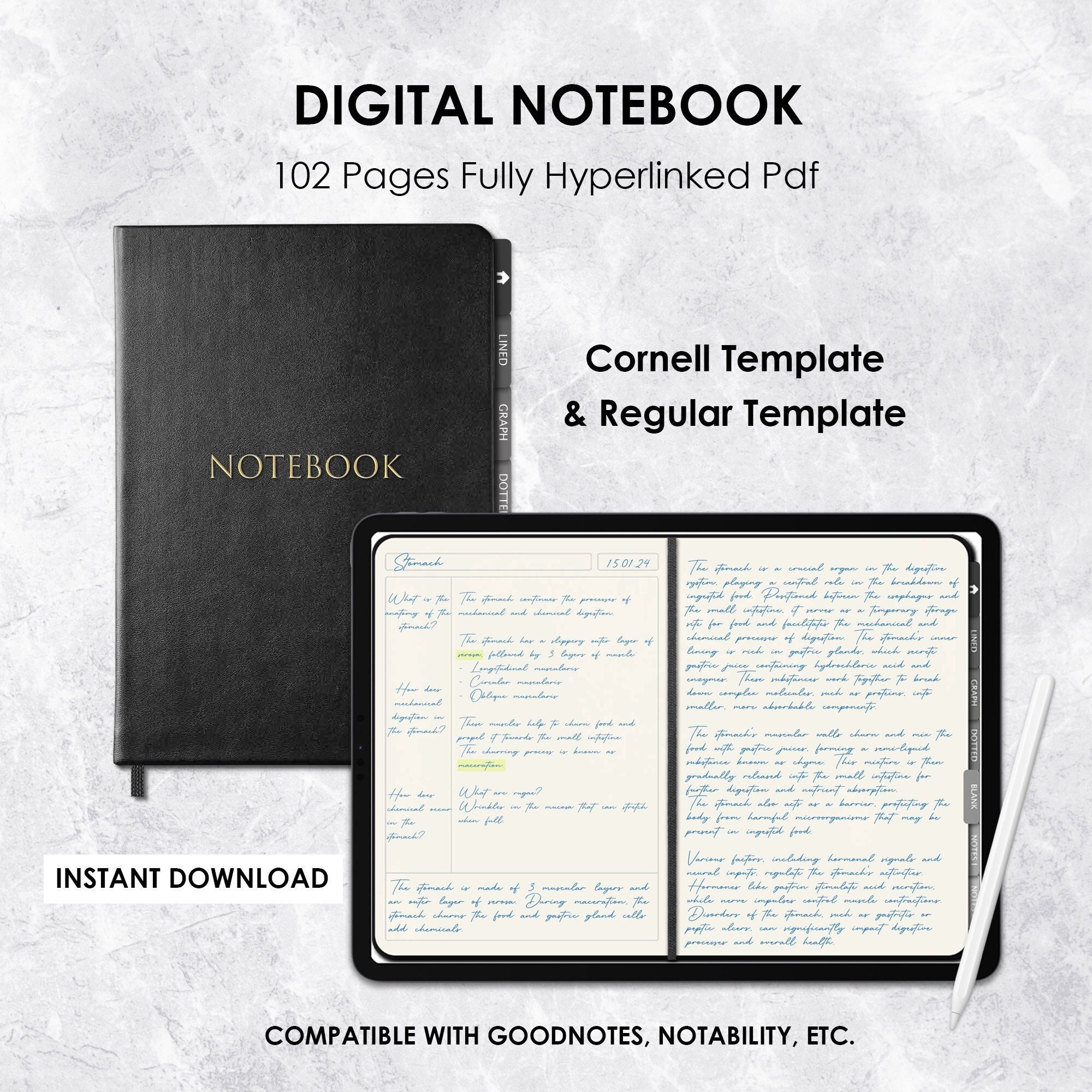 Digital Notebook, Cornell Notes, Minimalist Classic Design Notebook ...