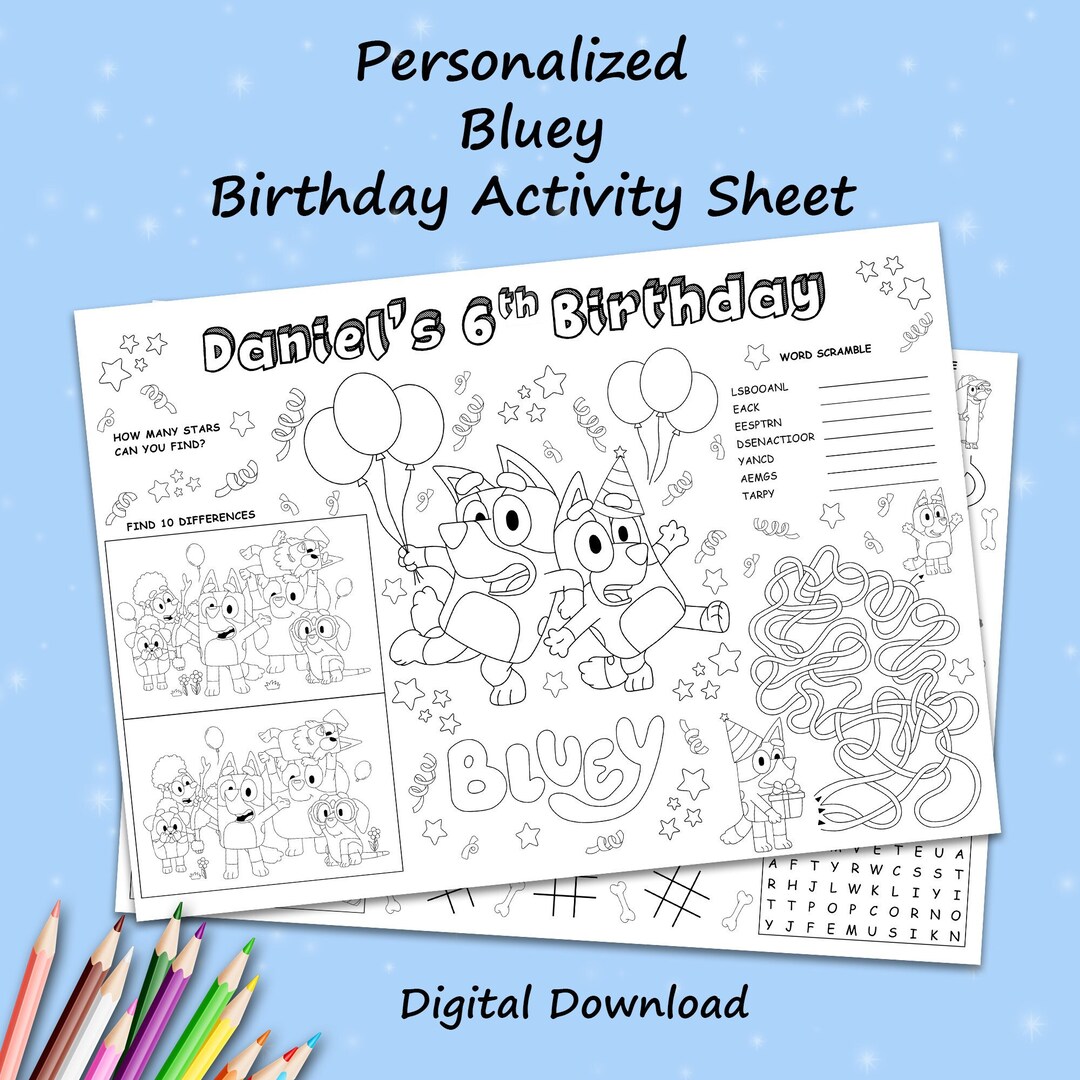 Bluey Birthday Coloring Placemat, Personalized Birthday Activity Sheet ...