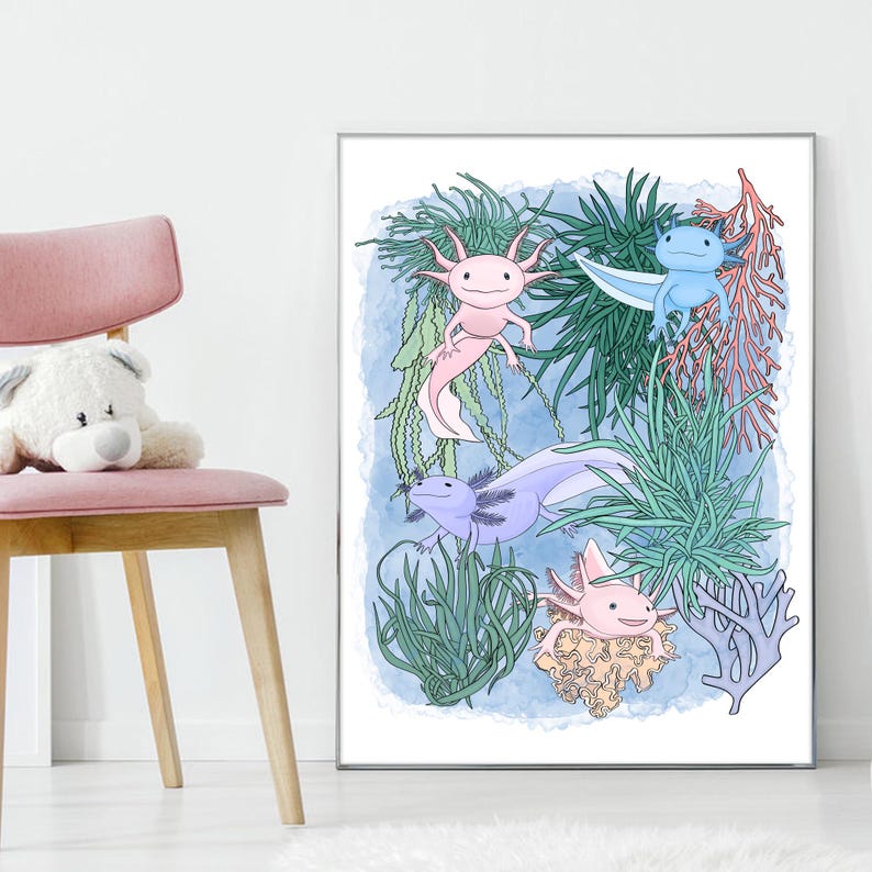 Axolotl Wall Art, Axolotl Theme Art Print, Ocean Wall Art, Underwater ...