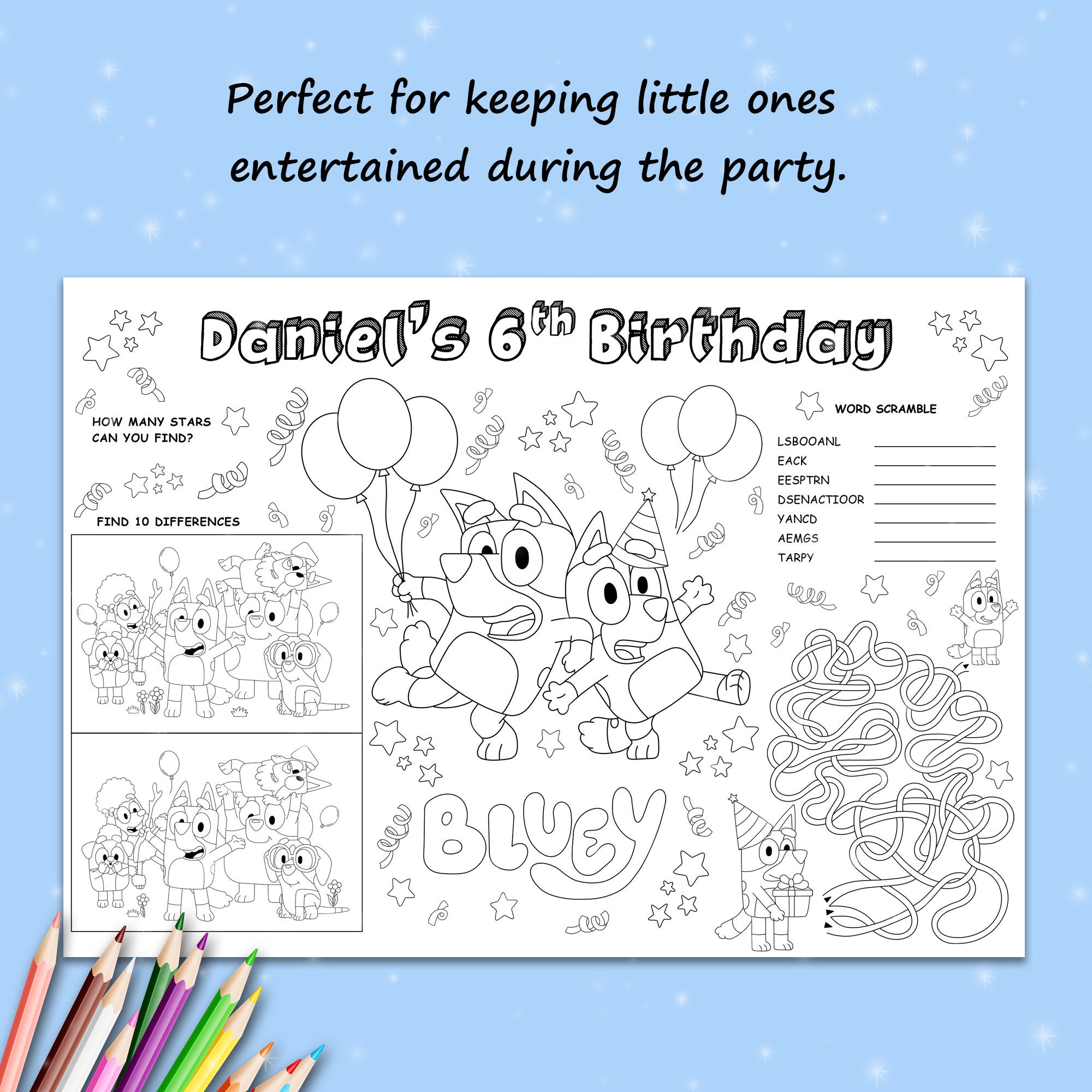 Bluey Birthday Coloring Placemat, Personalized Birthday Activity Sheet ...