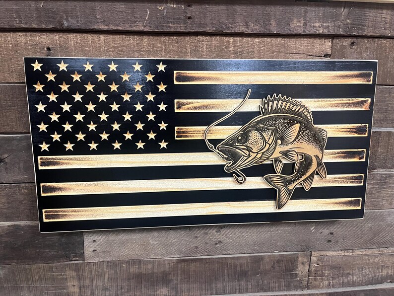 Walleye American Flag: Engraved Wood, Rustic Fishing Decor - Etsy