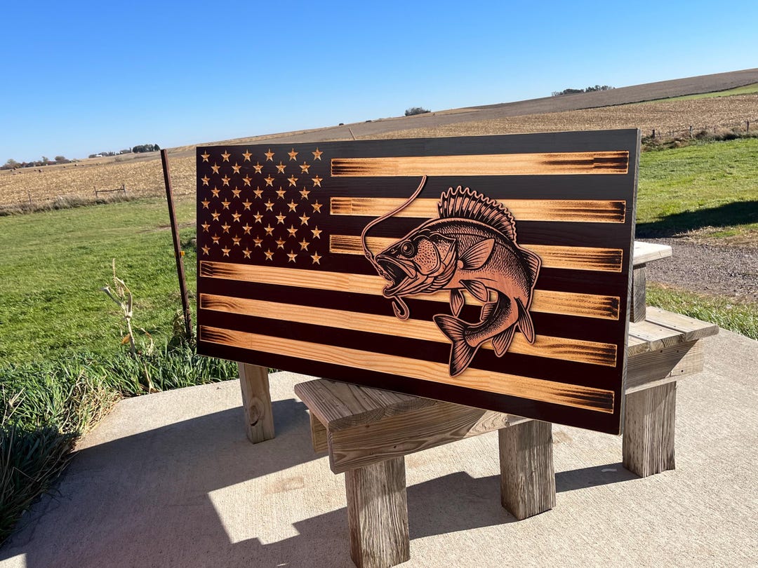Walleye American Flag: Engraved Wood, Rustic Fishing Decor - Etsy