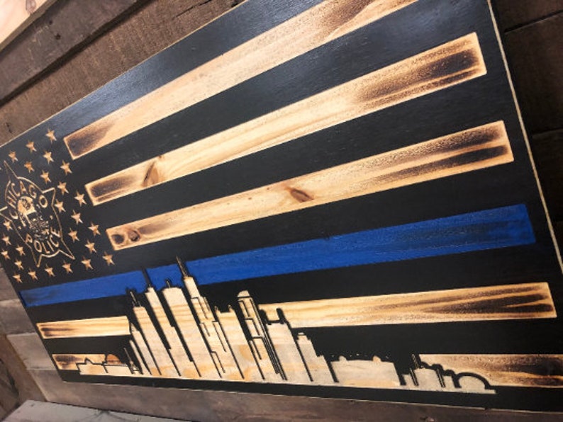 Chicago Police Wood Flag: Rustic American Flag With Blue Stripe - Etsy