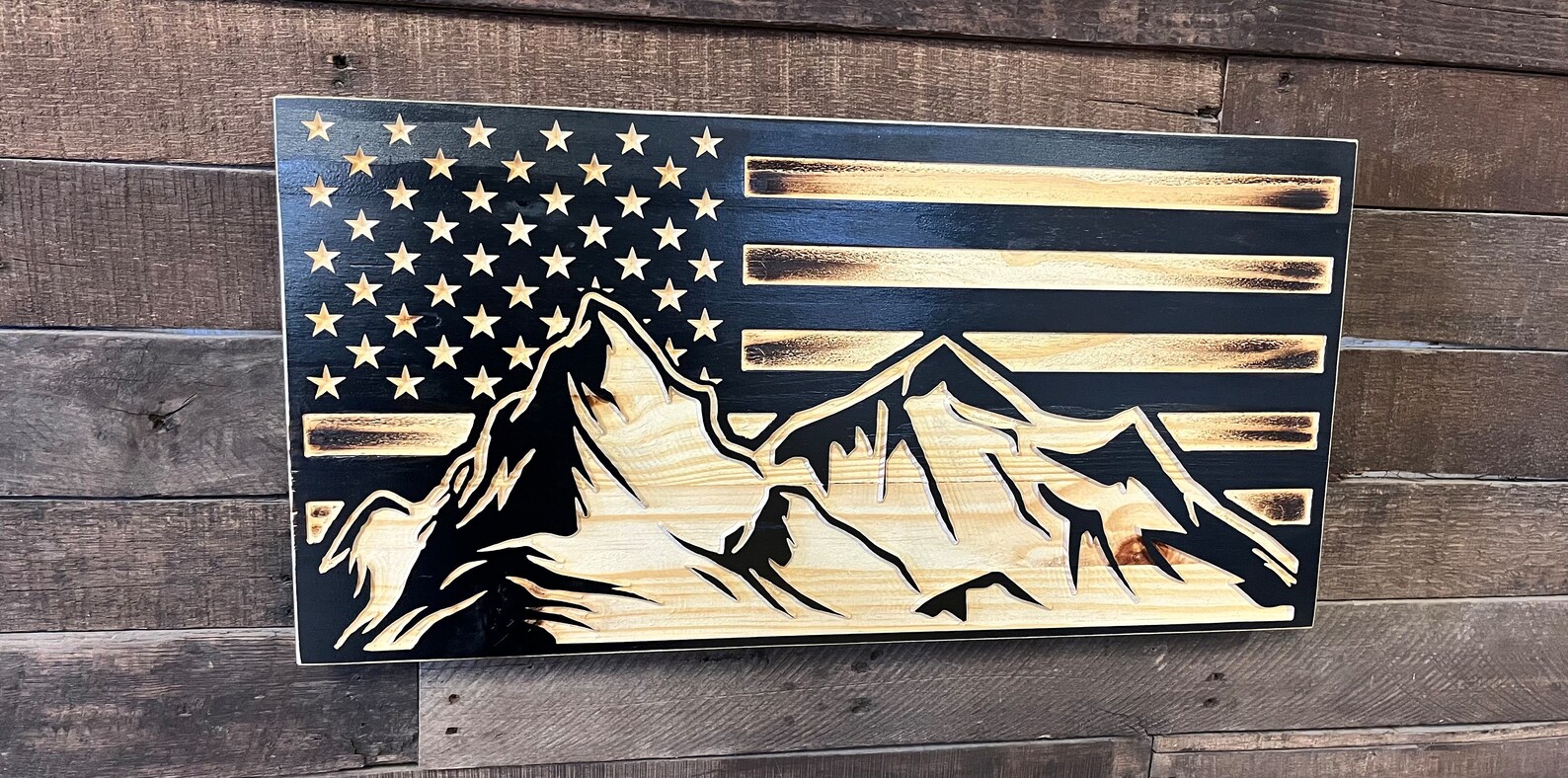 Mountains American Flag,outdoors Wood Flag, Personalized Flag, Rustic ...