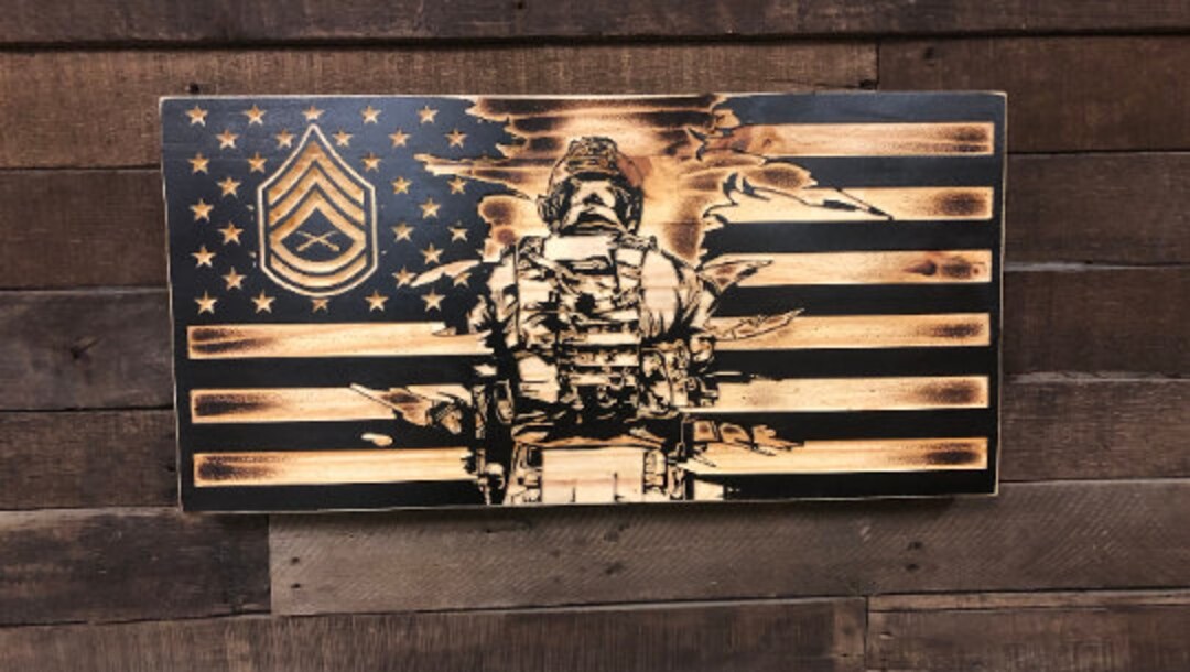 Soldier American Flag Gunnery Sergeant Emblem, Rustic Wood Flag ...