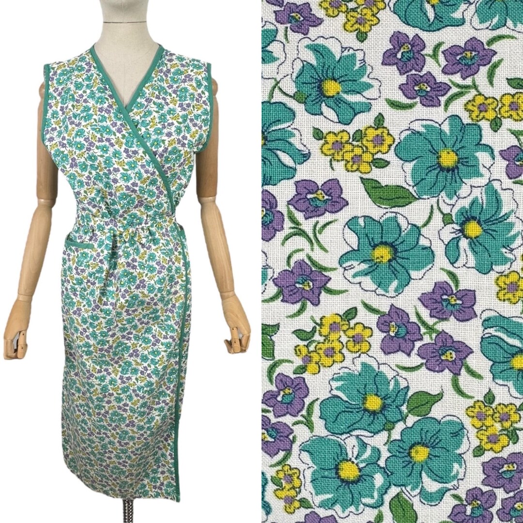 Original Volup 1940's Cotton Wraparound Apron in White, Green and Blue ...