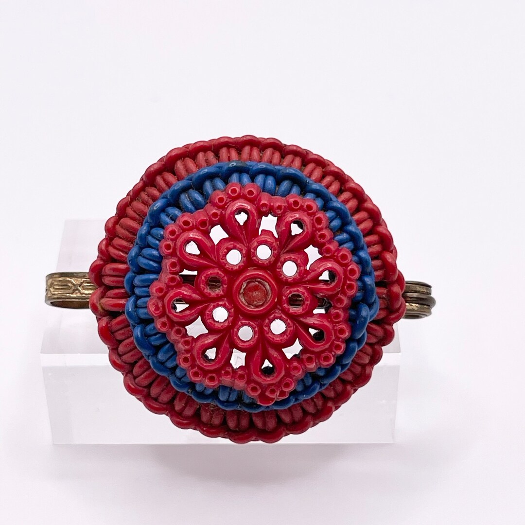 Original 1940's Red and Blue Wartime Make Do and Mend Wirework Brooch With Flower Button Middle ...