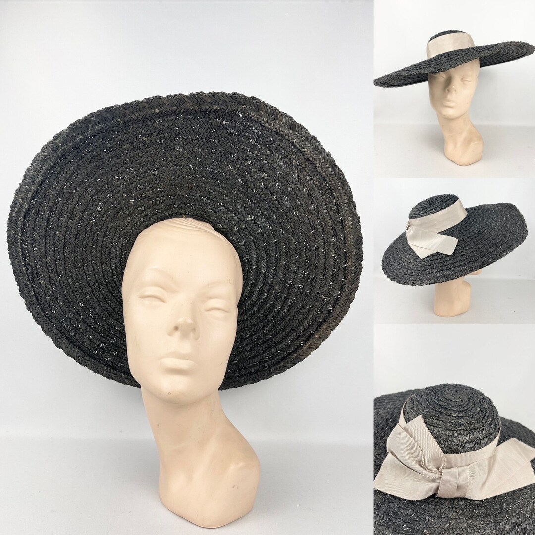Huge Original 1940's Black Coarse Straw Sunhat With Wide Grosgrain Trim ...