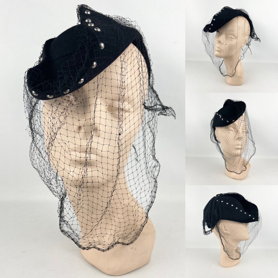 Original Late 1930's or Early 1940s Inky Black Felt Hat With Tab Top ...