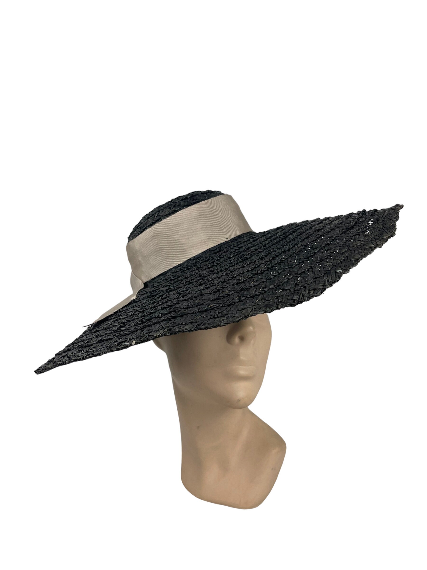 Huge Original 1940's Black Coarse Straw Sunhat With Wide Grosgrain Trim ...