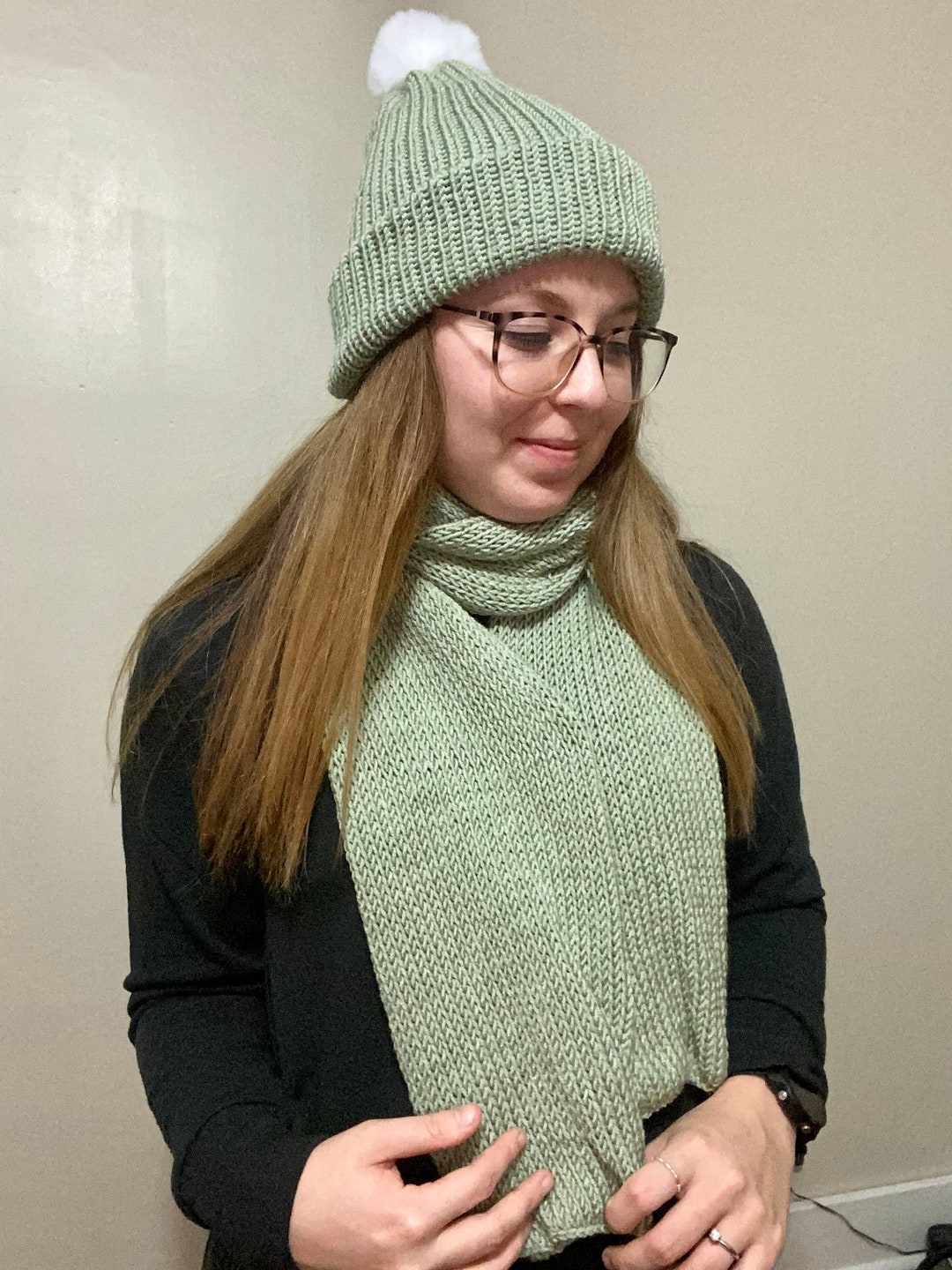 Handmade Sage Green Knit-look Hat and Scarf Set Cozy Winter Accessories ...