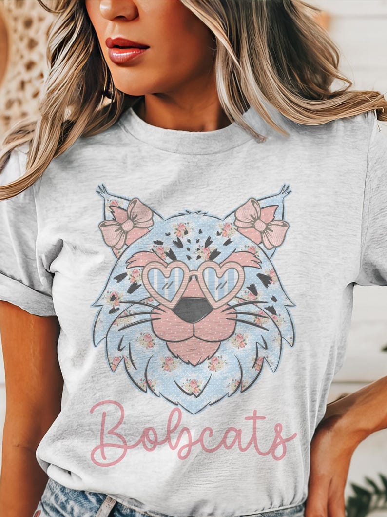Floral Bobcats Shirt for Women – Cute Retro Bobcats Shirt With Bow & Heart Glasses – Peach and ...