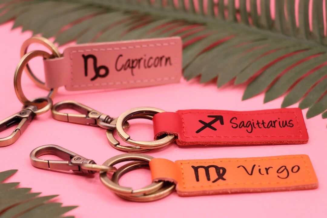 ZODIAC KEYCHAIN, Top Grain Leather Keychain, Zodiac Gifts, Aries Taurus ...