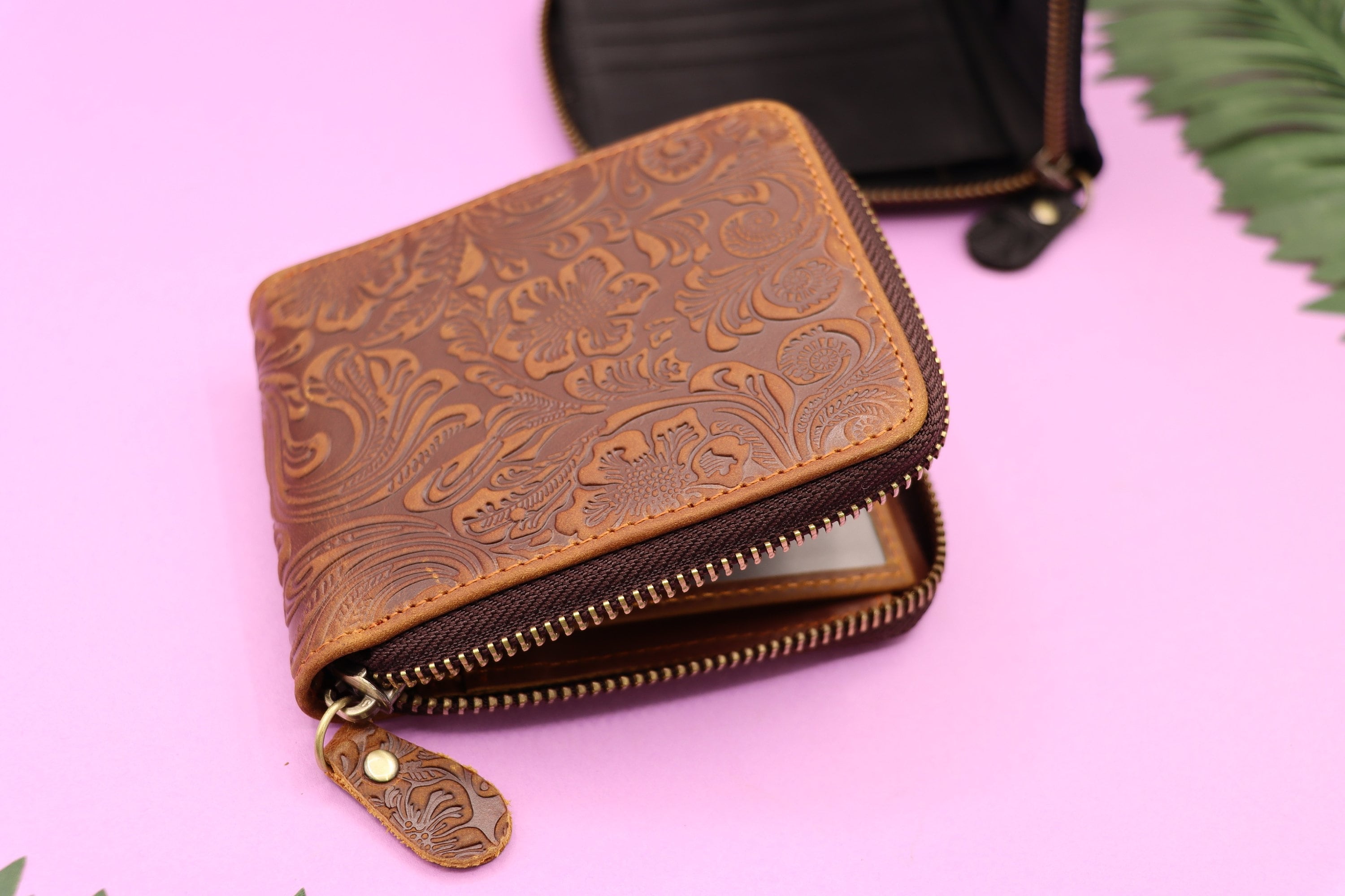 Small Flower Zipper Leather Wallet, Valentines Day Gift, Minimalist ...