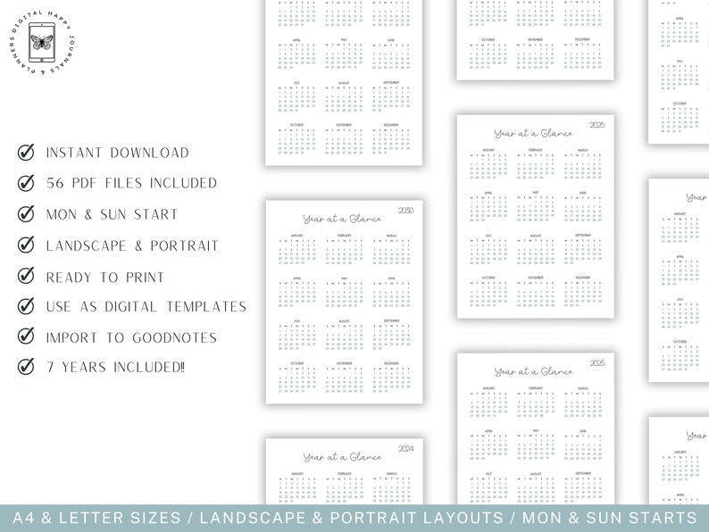 2024-30 Yearly Calendars Printable, Year Wall Calendar, Desk Calendar ...