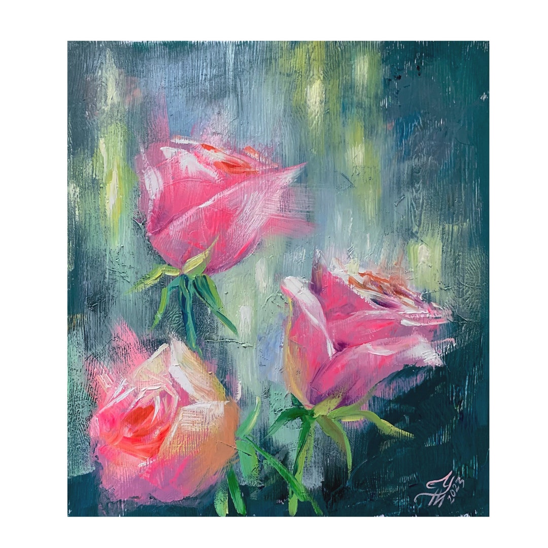Pink Roses Oil Painting Miniature Painting Wall Art Living - Etsy