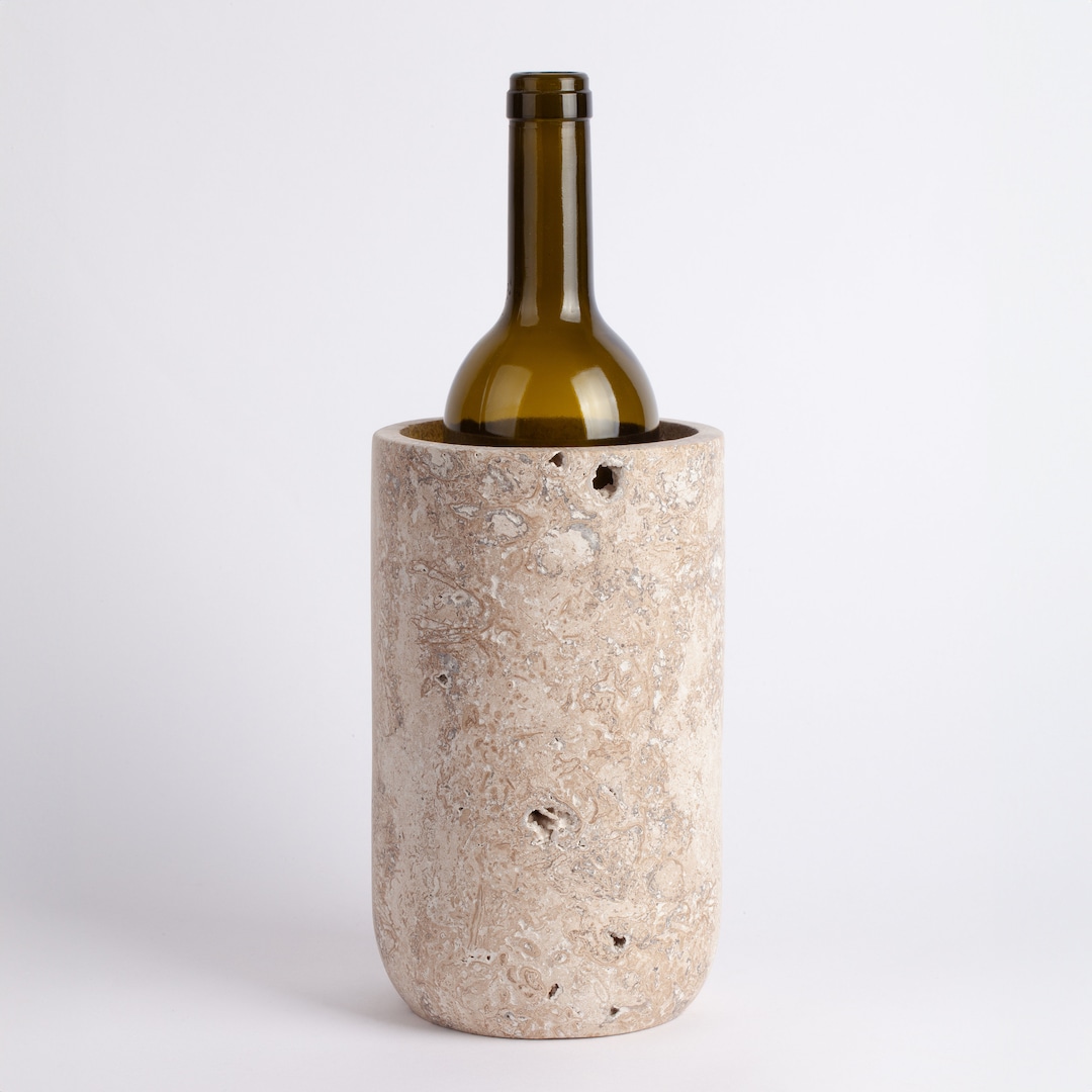 Noche Travertine Cylinder Vase / Stone Bottle Holder / Travertine Wine ...