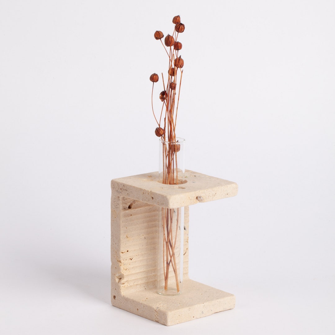 Handmade Beige Travertine Planter With Glass Tube: C-shaped Stone Vase ...