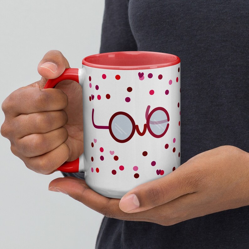 Loveeyeglasses And Heart Confetti Large Mug With Red Accents Etsy