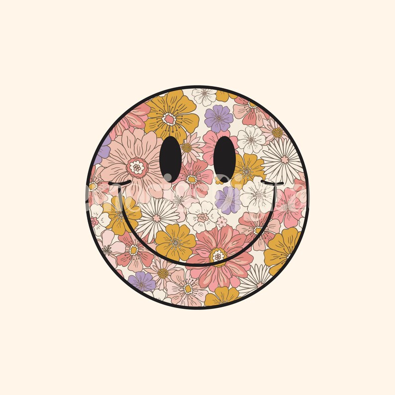 Distressed Happy Face Png, Retro Floral Smile Face Png File, Retro ...