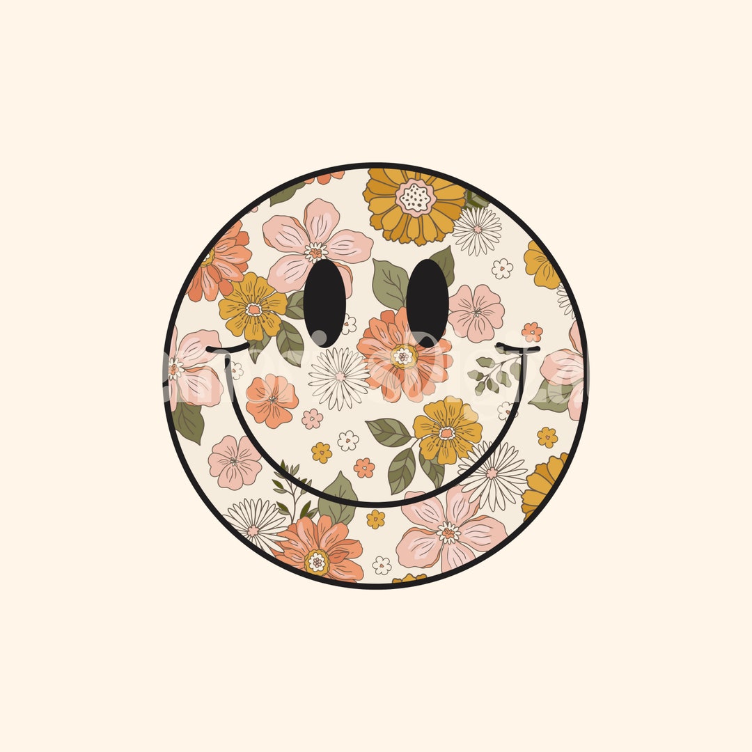 Retro Flower Happy Face Png, Floral Smile Face Png File, Retro Emoji ...