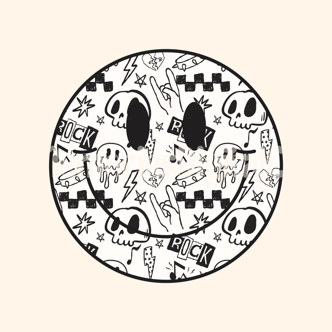 Rock N Roll Happy Face Png, Retro Skull Smile Face Png File, Rocker ...