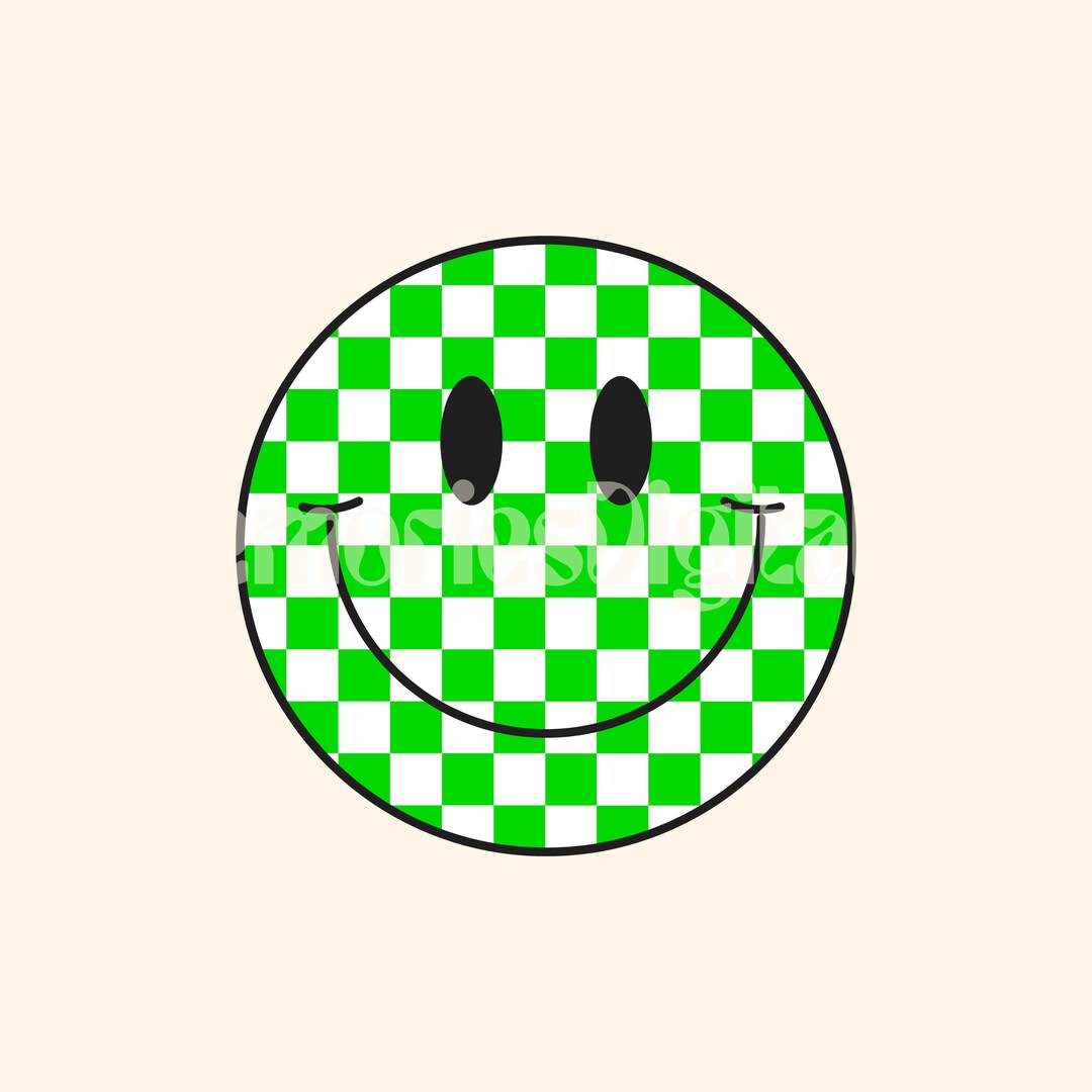 Neon Checkered Happy Face Png, Distressed Smile Face Png File, Green ...