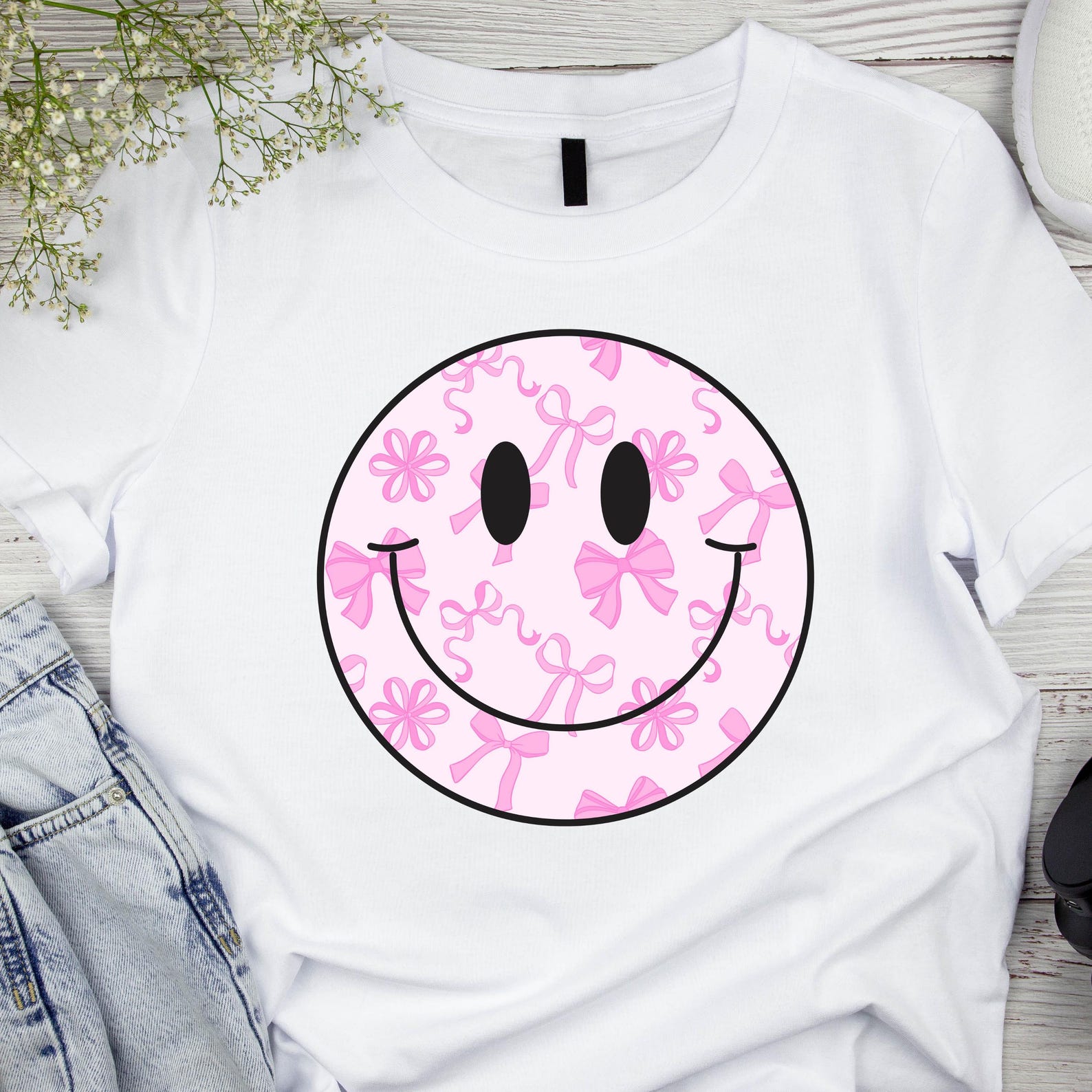 Coquette Pink Bows Smile Face PNG: Girly Shirt Design - Etsy