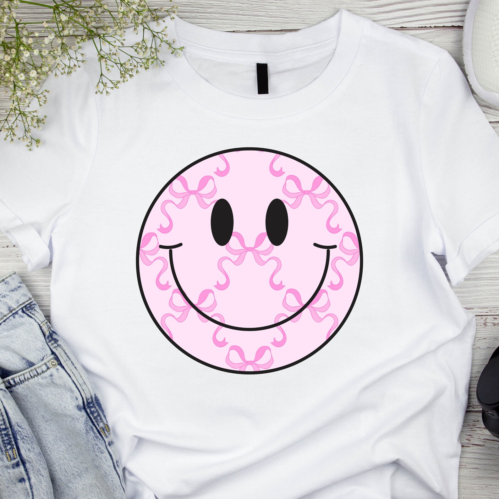 Pink Bows Coquette Smile Face Png, Girly Happy Face Pink Bow PNG Shirt ...