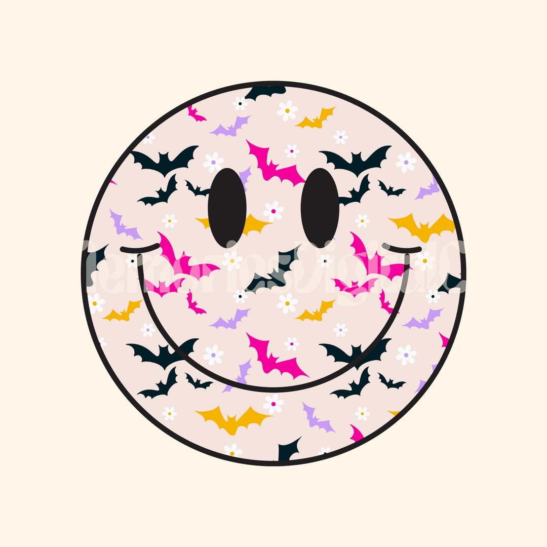 Pastel Bats Happy Face Png, Halloween Smile Face Png File, Retro Emoji ...