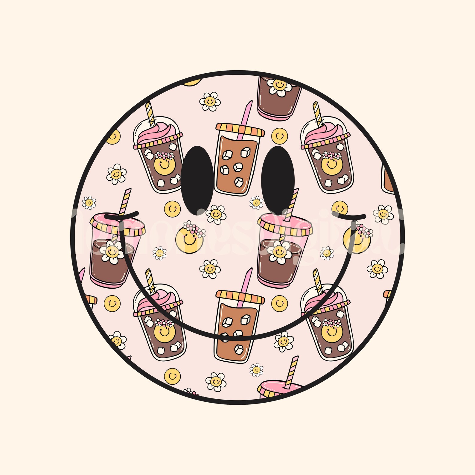 Iced Coffee Happy Face Png, Distressed Smile Face Png File, Retro ...