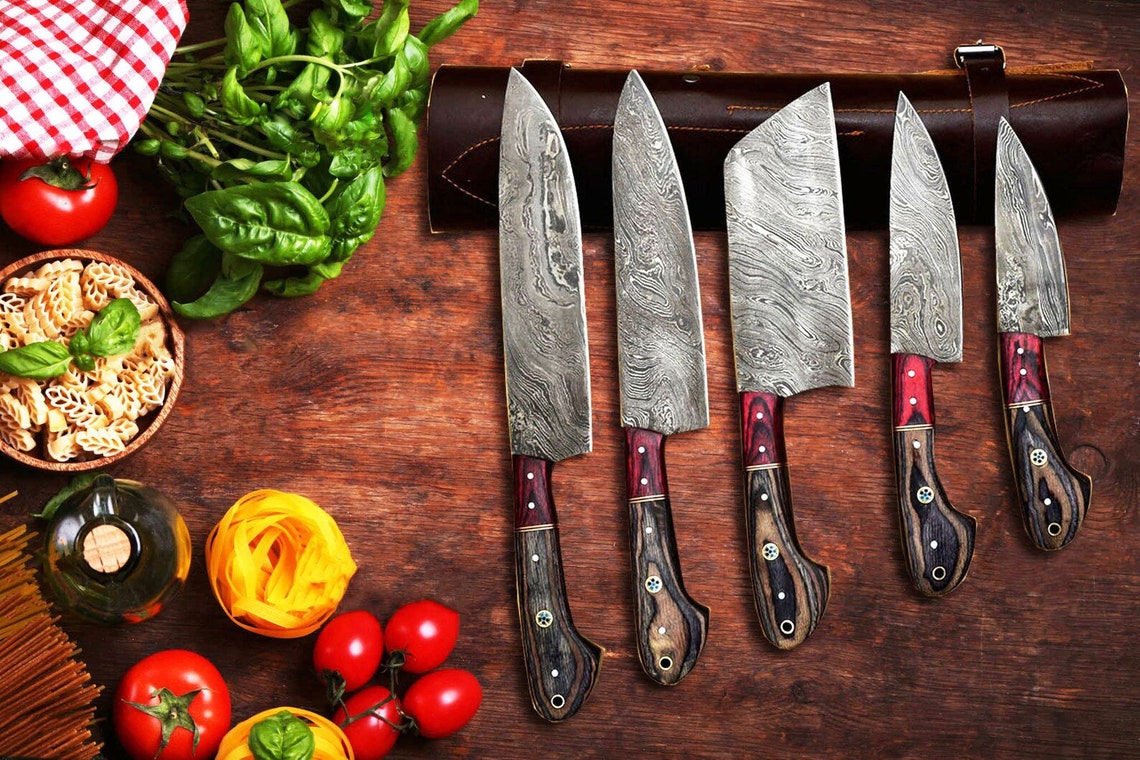 Hand Forged Damascus Steel Chef Set 5 Pcs With Free Leather Roll ...