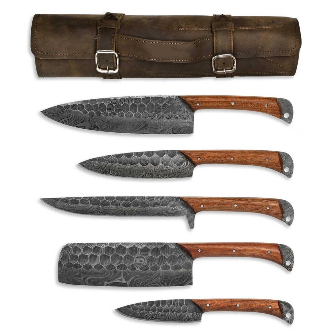 Hand Forged Damascus Steel Chef Set 5 Pcs With Free Leather Roll ...
