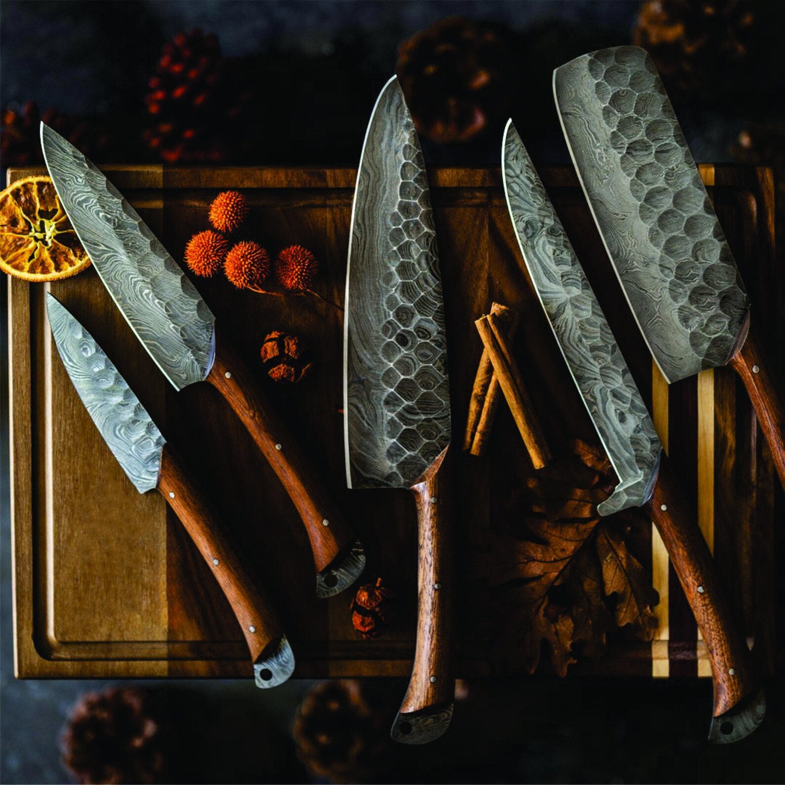 Hand Forged Damascus Steel Chef Set 5 Pcs With Free Leather Roll ...