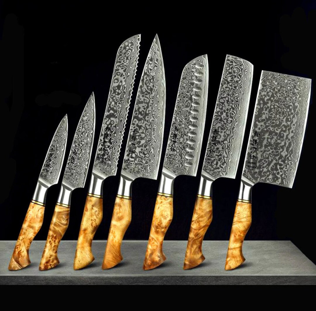 Damascus Steel Kitchen Knife Set - 7 Piece Chef, Utility, and Santoku ...