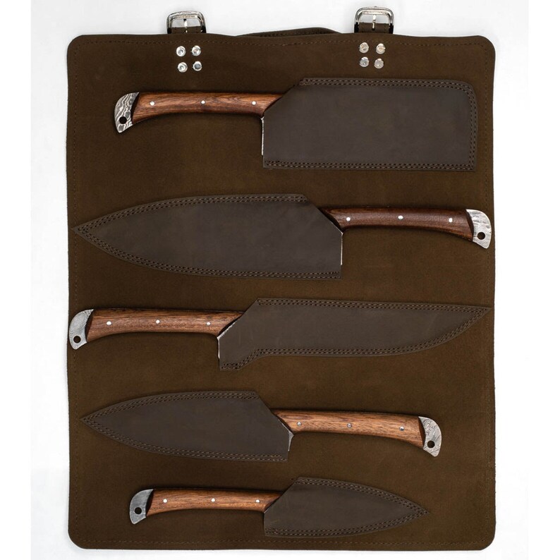 Hand Forged Damascus Steel Chef Set 5 Pcs With Free Leather Roll ...