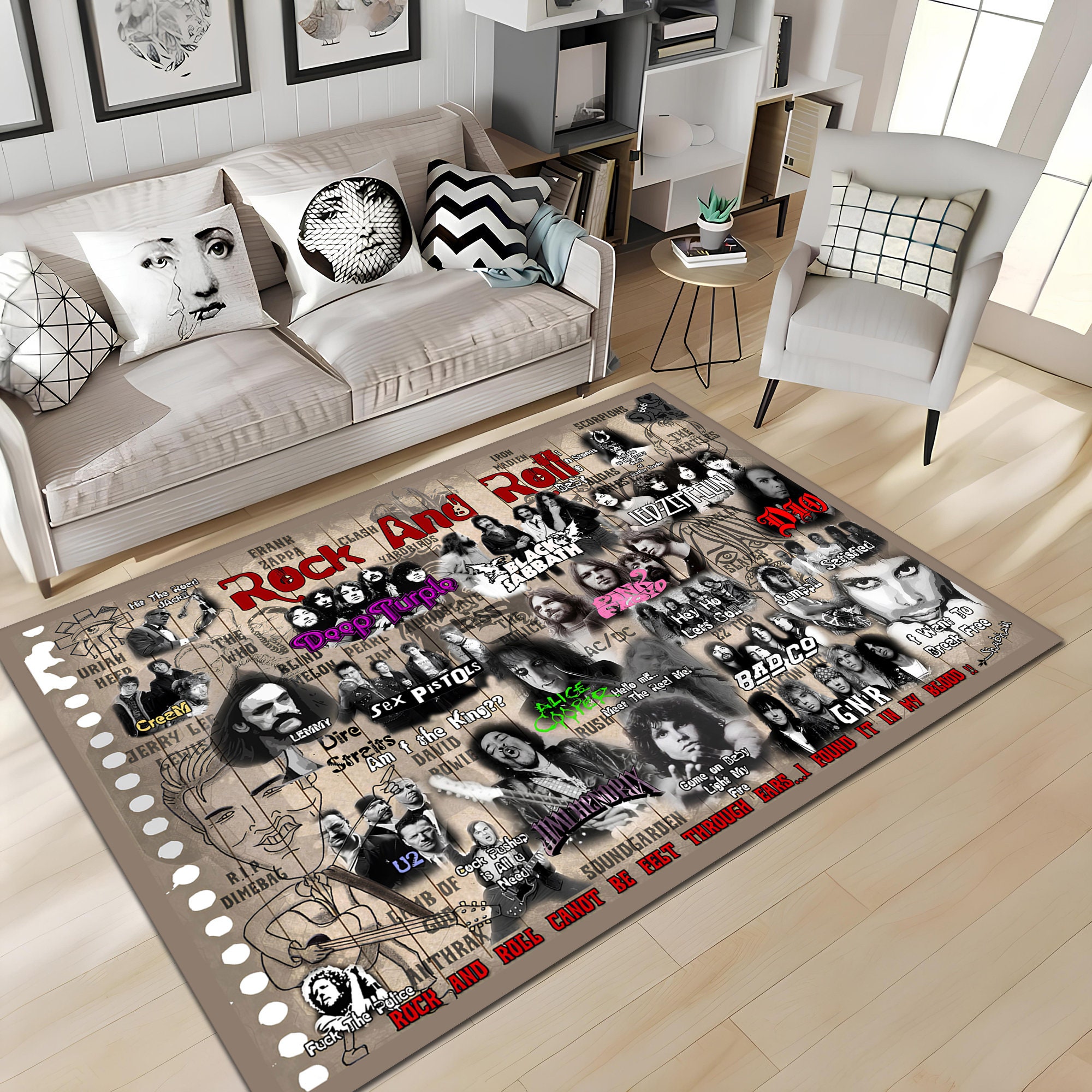 Rockn Roll Groups Rug, Rock Bands Rug, Heavy Metal Pattern Rug, Rockn ...