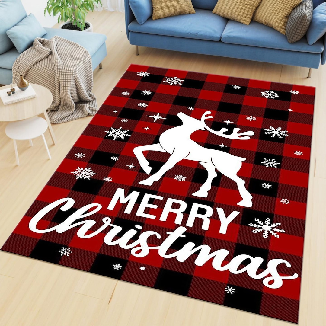 Christmas-themed Red & White Rug - Featuring Santa, Deer Rug Christmas ...