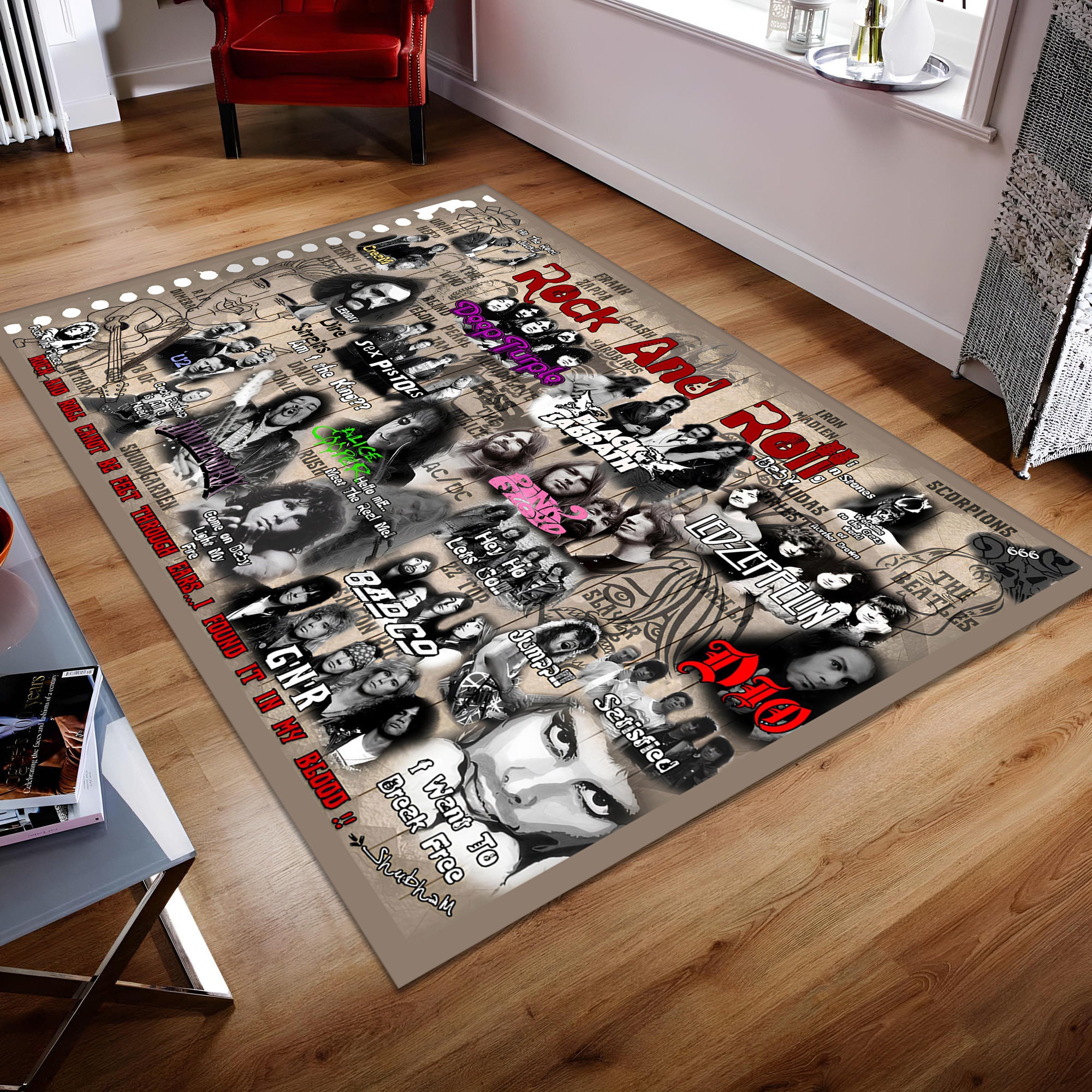 Rockn Roll Groups Rug, Rock Bands Rug, Heavy Metal Pattern Rug, Rockn ...