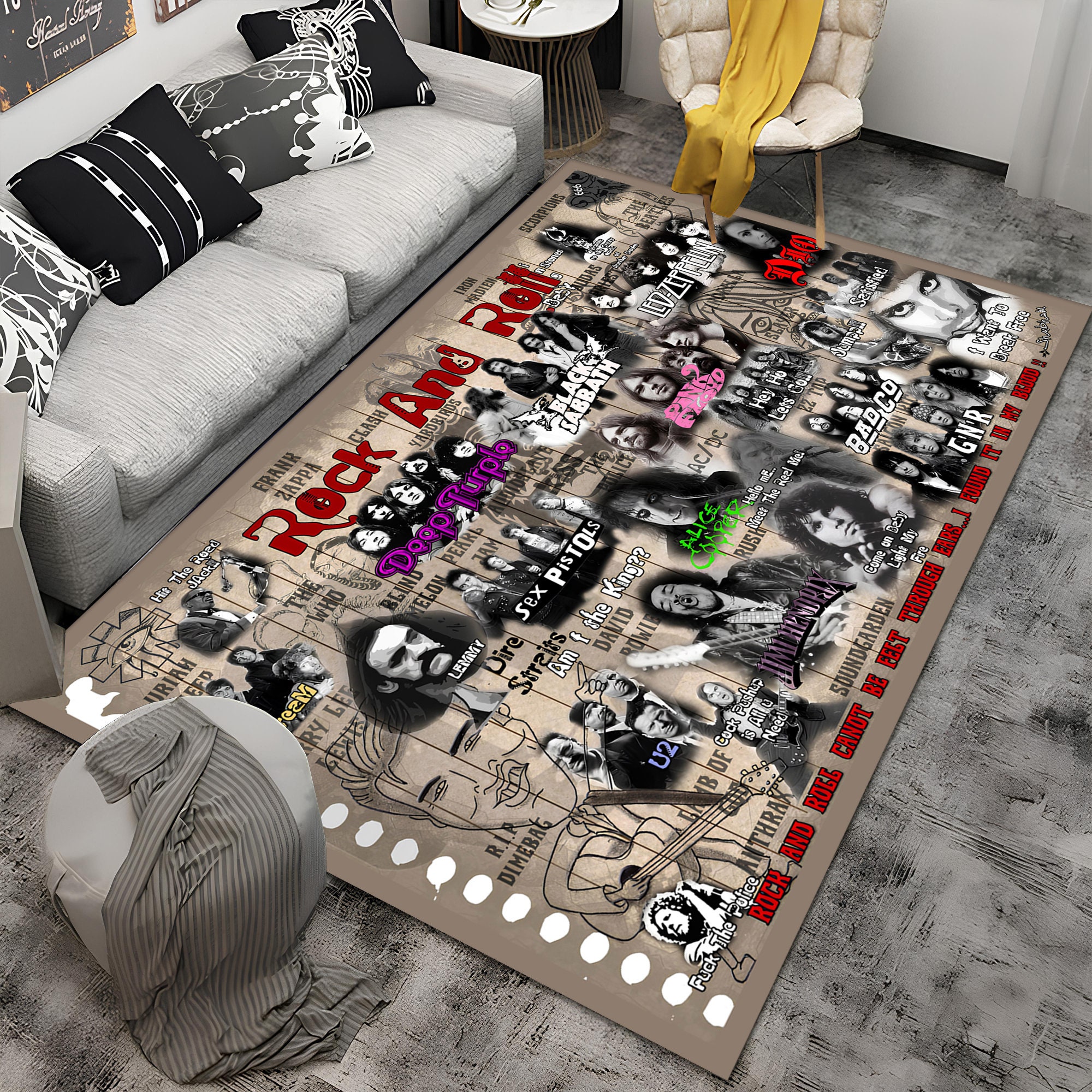 Rockn Roll Groups Rug, Rock Bands Rug, Heavy Metal Pattern Rug, Rockn ...