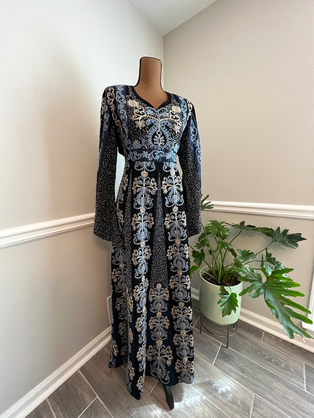 Handmade Palestinian Embroidered Dress (blue Sparkly Velvet With Satin ...