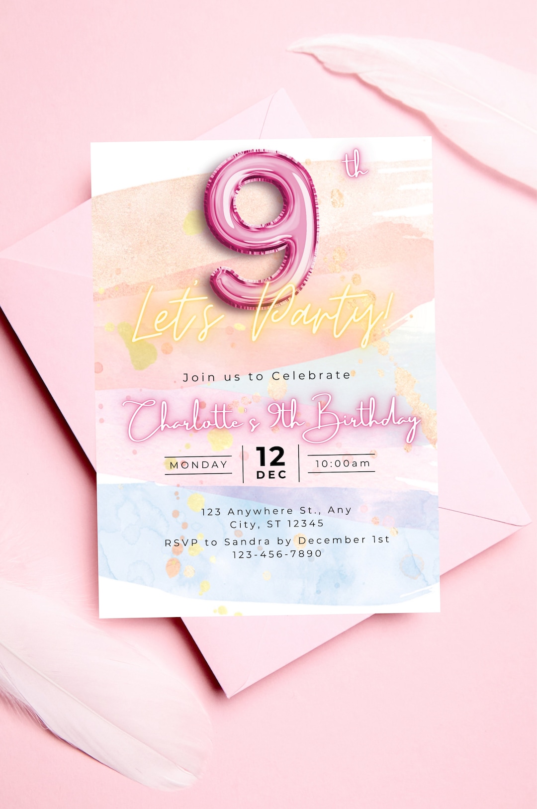 Editable Pastel 9th Birthday Invitation Template, Printable Pink ...